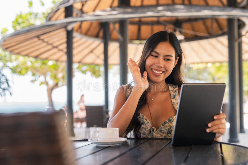 Young Happy Woman Using Tablet Computer in Cafe Stock Image - Image of ...