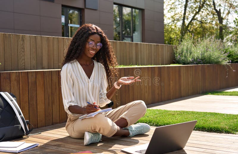Young Happy Black Woman Student Learning Virtual Online Class Outdoors ...