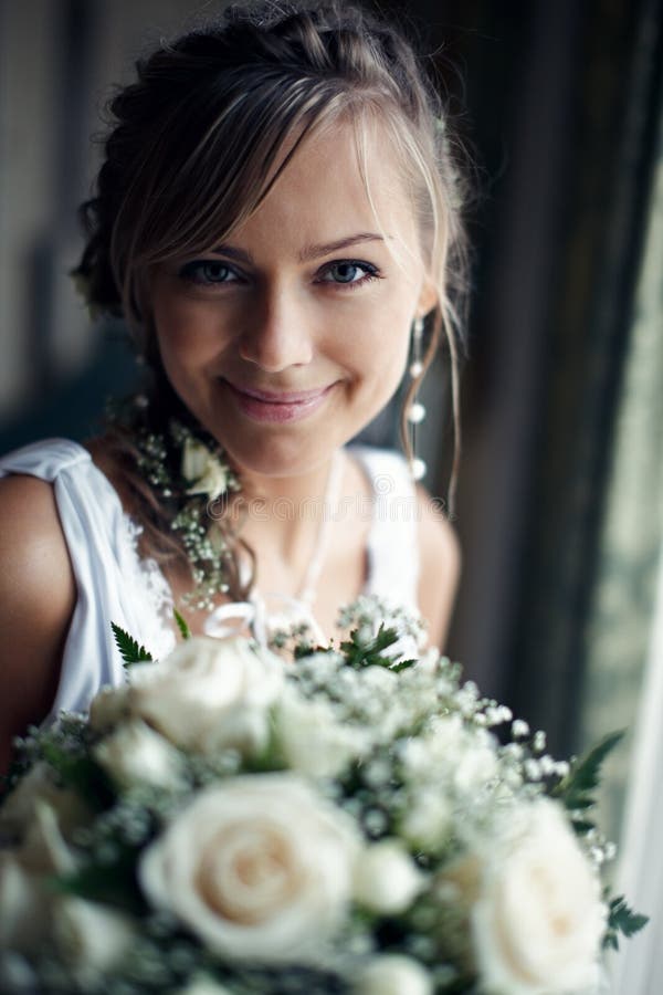 Young Happy Bride with Flowers Stock Photo - Image of healthy, female ...