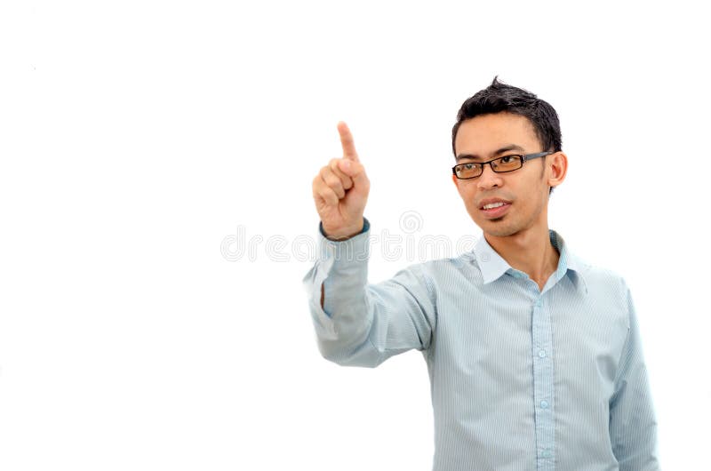 Young Happy Business Man Touch a Button on an Imaginary Screen Stock ...