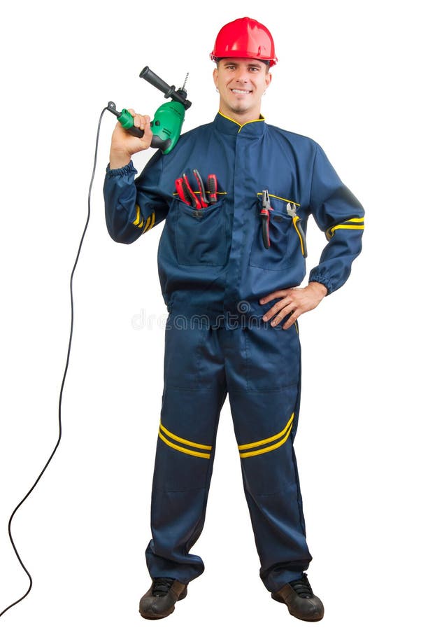 Young Happy Construction Worker Holding Drilling Stock Image - Image of ...