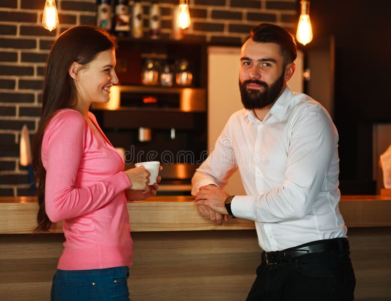 Young Happy Couple Met Bar Talking Cup Coffee Stock Photos - Free ...