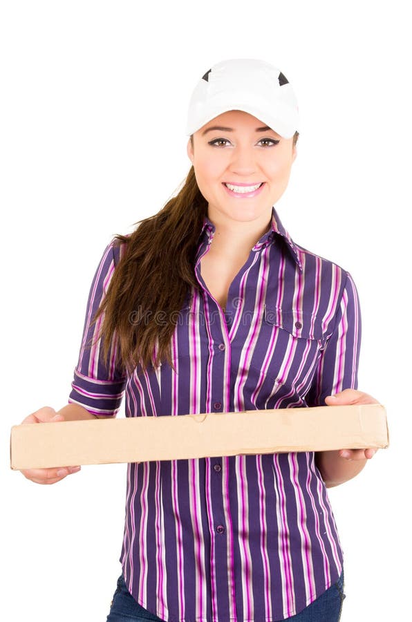 Young Happy Delivery Woman Holding Package Stock Image - Image of ...