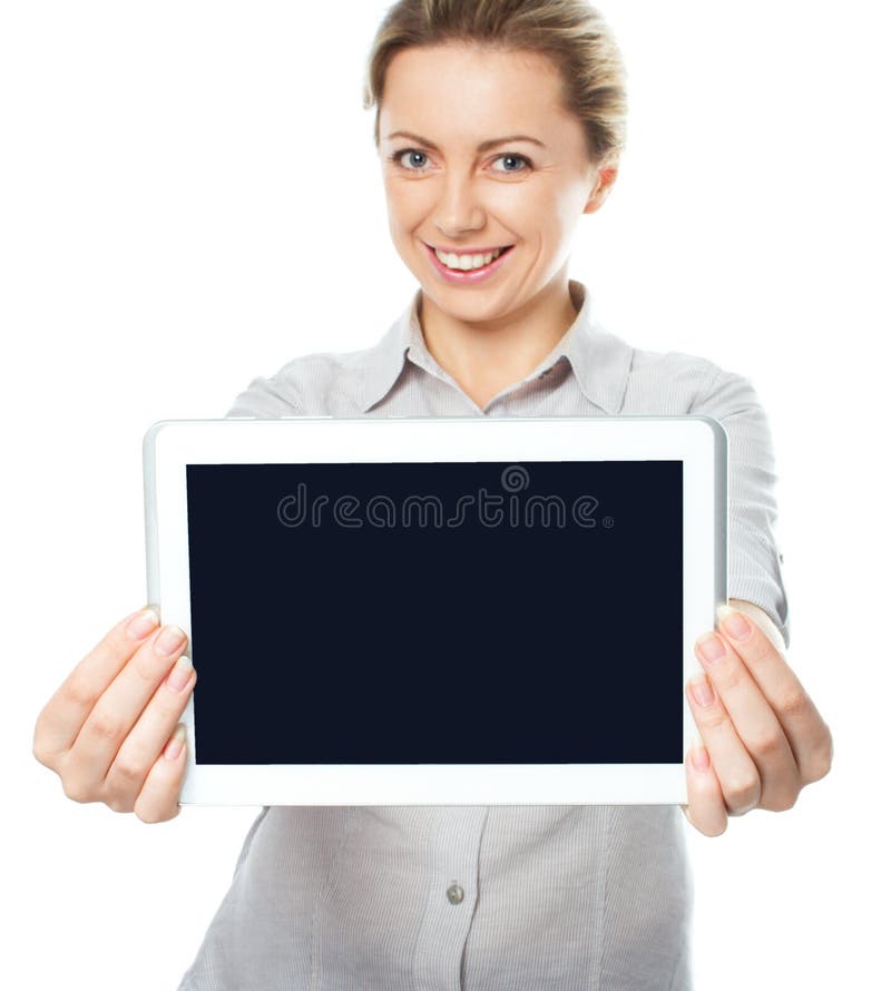 A Young and Happy Girl Holding a Tablet Computer Stock Photo - Image of ...