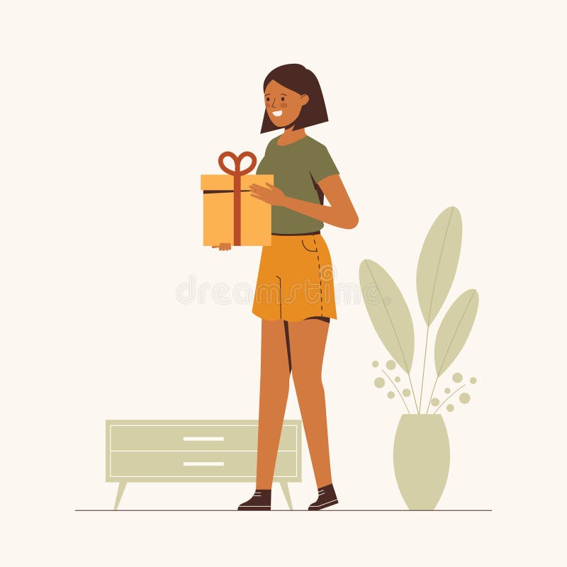 A Young Happy Lady Holding a Gift. Stock Vector - Illustration of ...