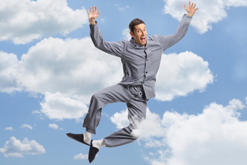Man in Pajamas Sleeping on Cloud and Floating Stock Photo - Image of ... Man in Pajamas Sleeping on Cloud and Floating Stock Photo - Image of ...