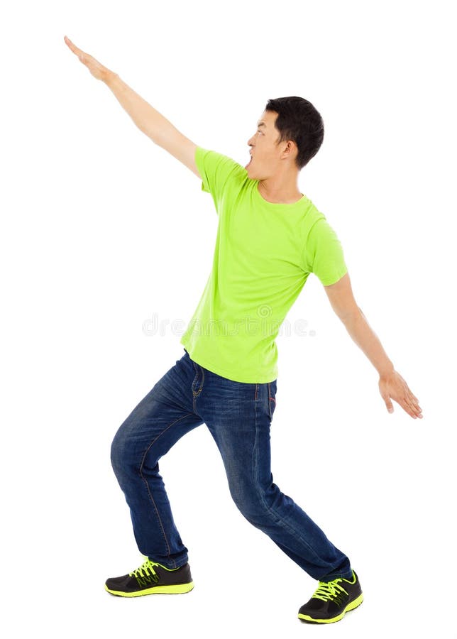 Young Happy Man Raise Hand and Funny Pose Stock Image - Image of adult ...