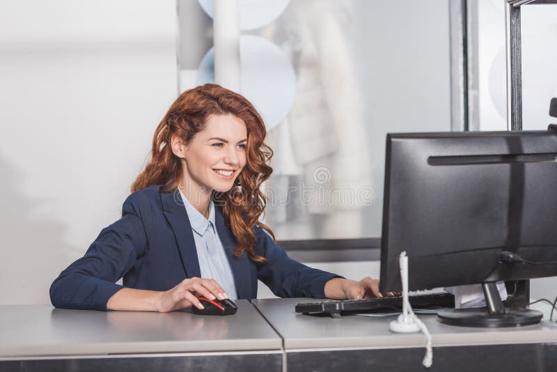 Young Happy Manageress Using Stock Image - Image of smiling, people ...