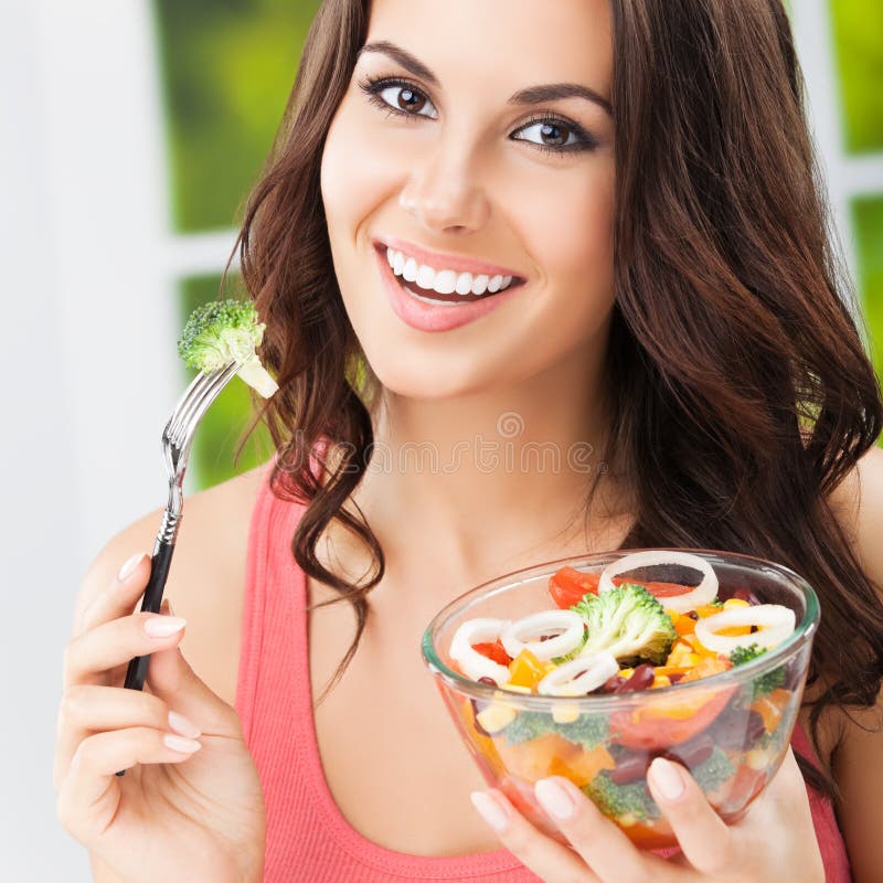 Woman with salad stock photo. Image of single, home - 184545404