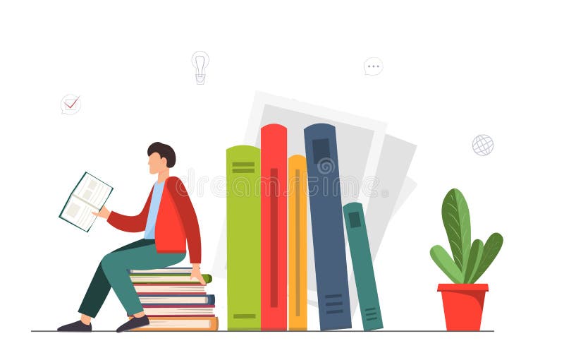 Young Happy Tiny Man, Student Reading Books at the Library, Reading is ...