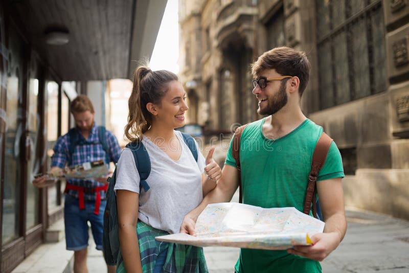 Young Happy Tourists Sightseeing in City Stock Image - Image of holiday ...