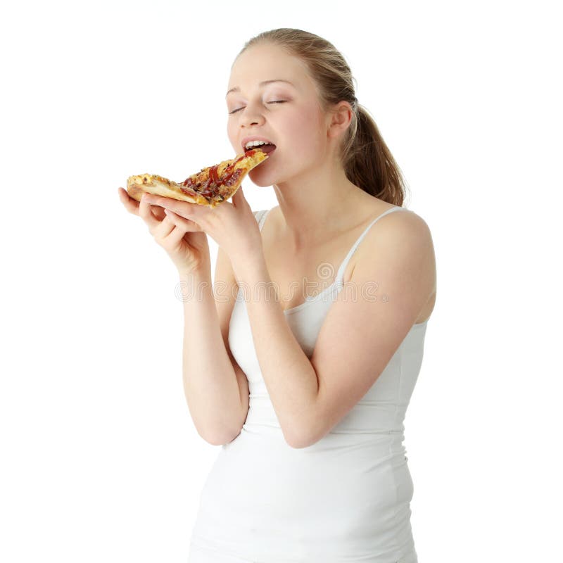 Young Happy Woman Eating Pizza Stock Photo - Image of lunch, person ...