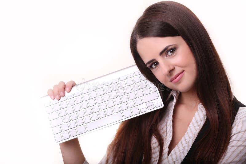 Young Happy Woman Holding Keyboard Over White Background Stock Photo ...