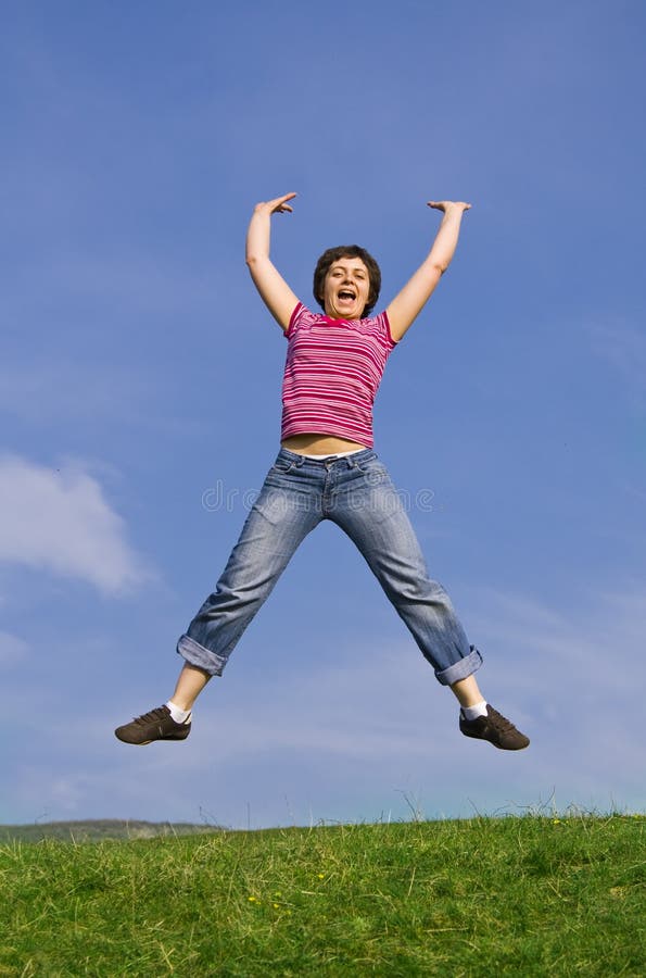 Young Happy Woman Jumping High Stock Image - Image of landscape ...