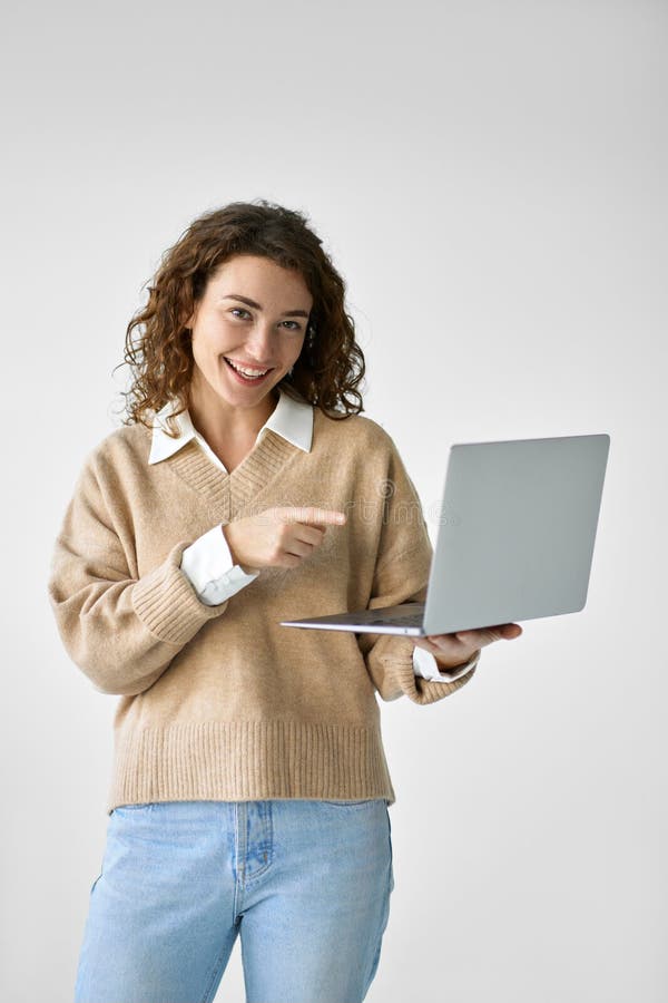 Young Happy Woman Student Pointing at Laptop Isolated on White ...