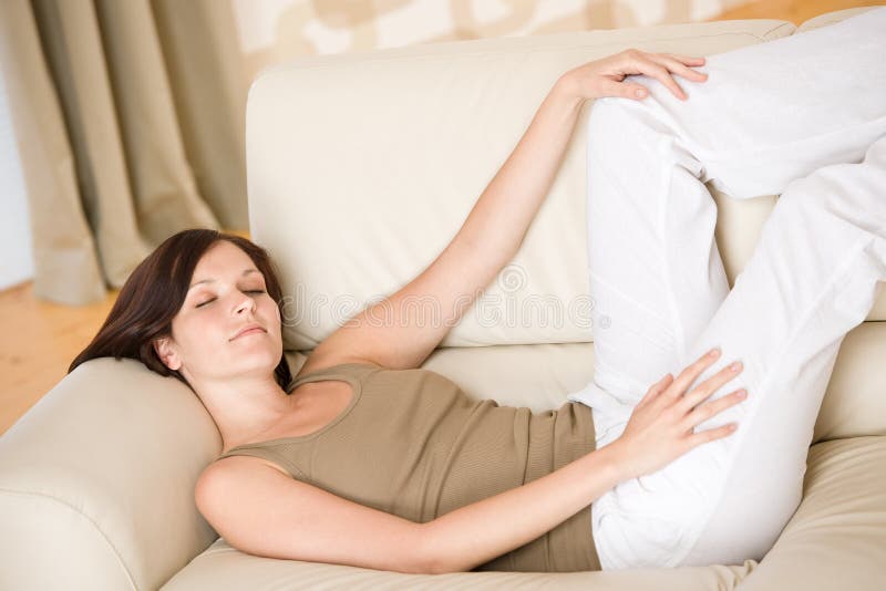 Young Happy Woman Relax Lying Down on Sofa Stock Image - Image of alone ...