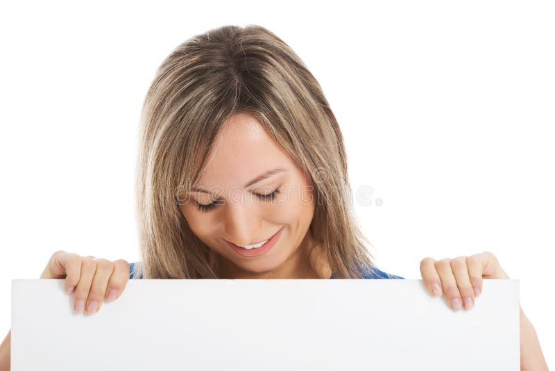 Young Hapy Girl Holding a Copy Space. Stock Image - Image of hold ...