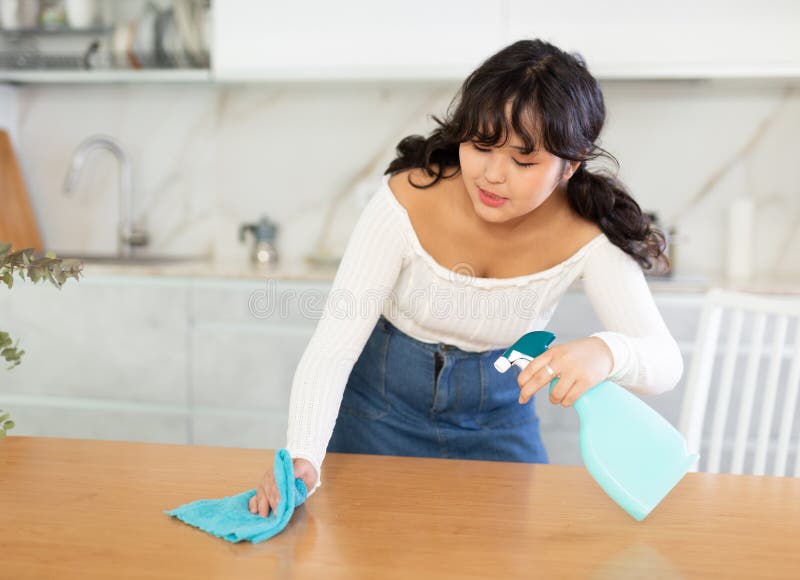 Young Hardworking Girl Does Wet Cleaning in a Home Kitchen, Wiping ...