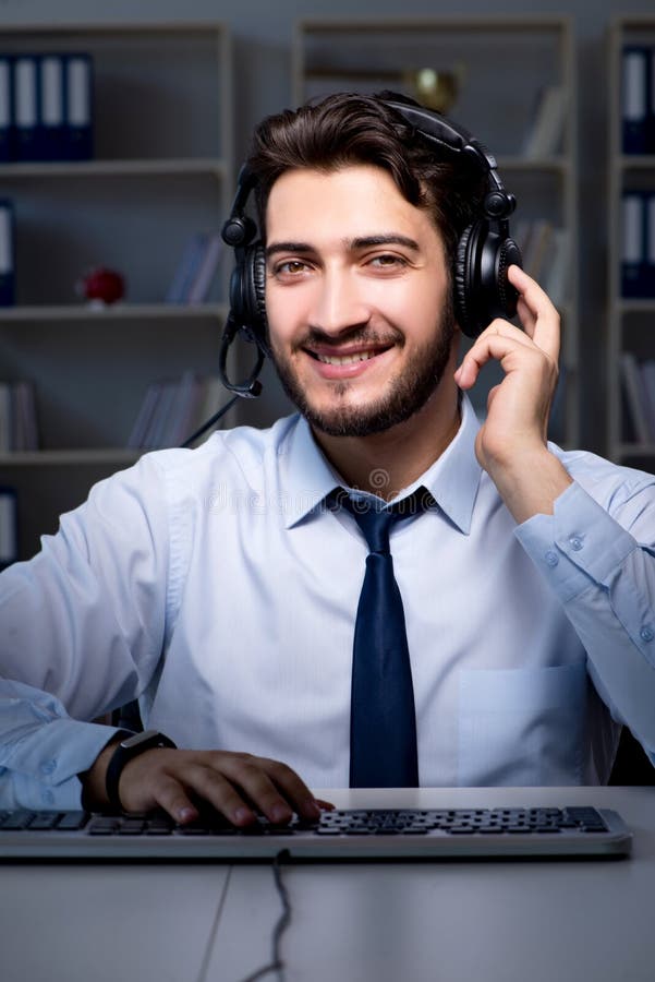 Young Help Desk Operator at Night Stock Image - Image of operator, call ...