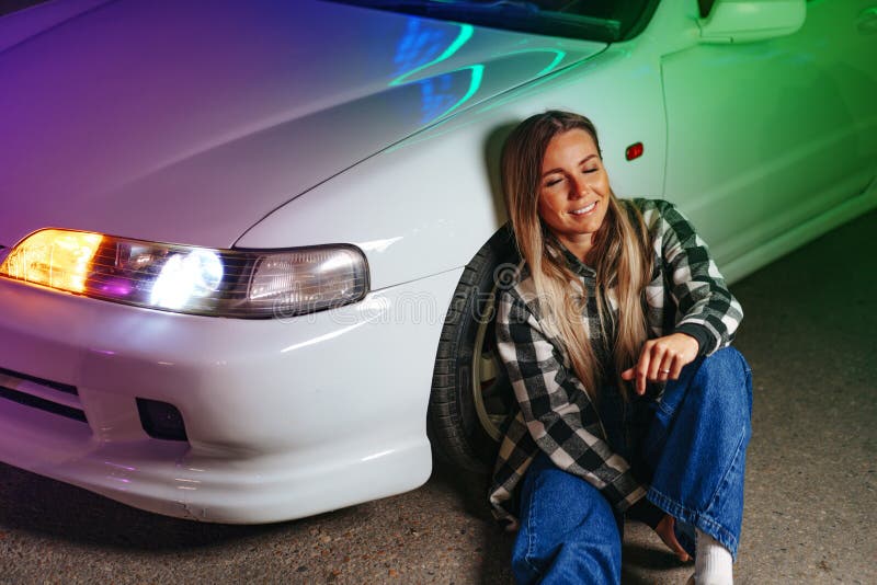 Young Hipster Girl Near Old Sport Car at Night City Stock Image - Image ... Young Hipster Girl Near Old Sport Car at Night City Stock Image - Image ...