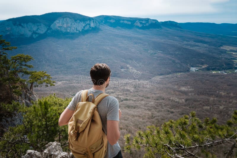 Young Hipster Man in the Spring Mountains Stock Image - Image of hiker ...