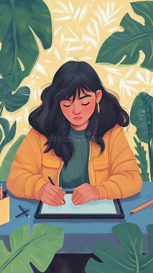 Young Hispanic Female Illustrator Drawing Digitally on a Tablet ...