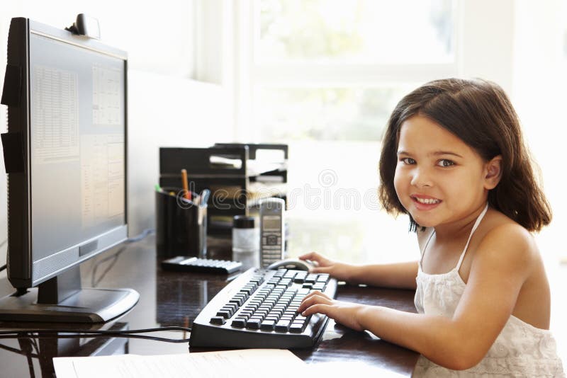 Young Hispanic Girl Using Computer at Home Stock Photo - Image of learn ...