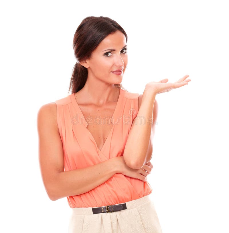 Young Hispanic Lady Holding Palm Up Stock Photo - Image of hispanic ...