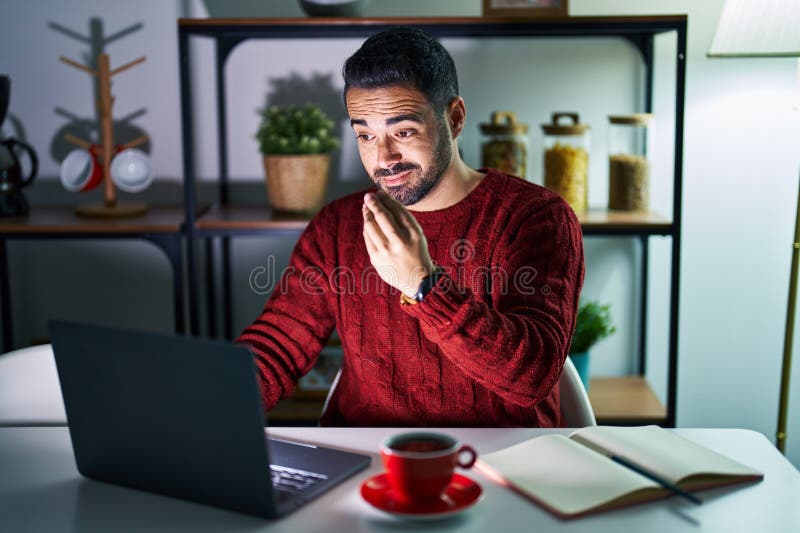 Young Hispanic Man with Beard Using Computer Laptop at Night at Home ...