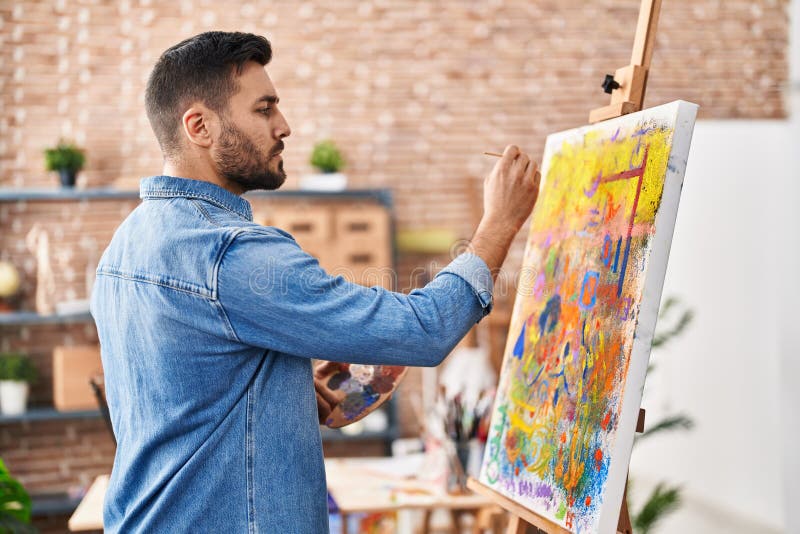 Young Hispanic Man Drawing at Art Studio Stock Image - Image of draw ...