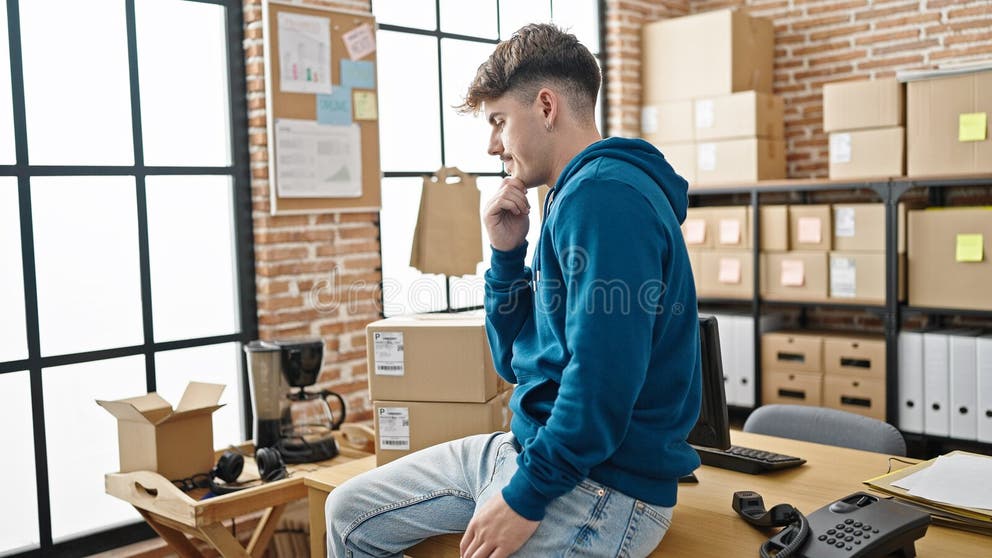 Young Hispanic Man Ecommerce Business Worker Sitting on Table Thinking ...