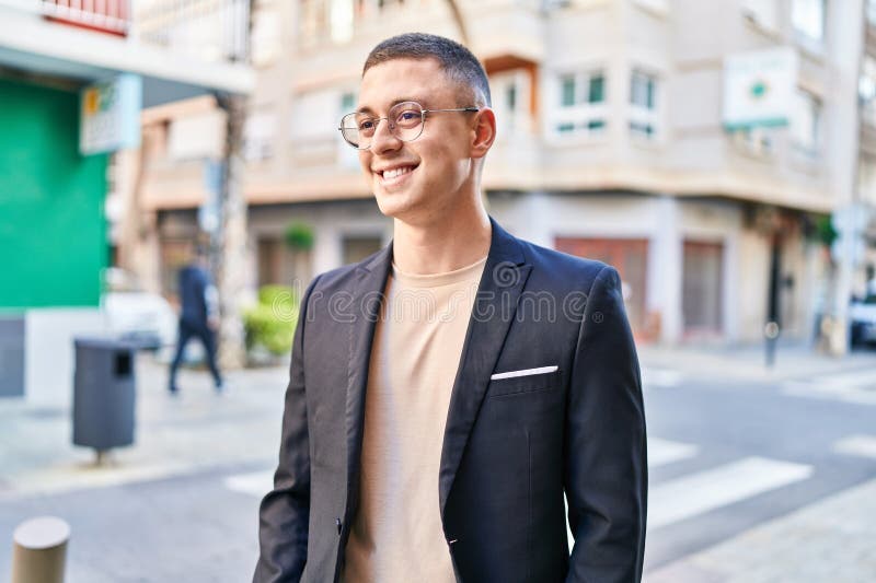 Young Hispanic Man Executive Smiling Confident Standing at Street Stock ...