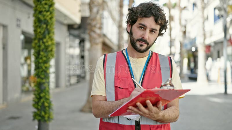 Young Hispanic Man Having Survey Interview Writing on Clipboard at ...