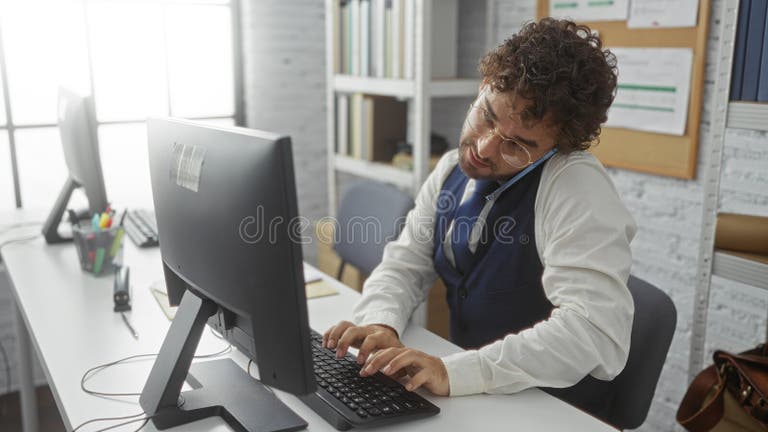 Young Hispanic Man in Office Multitasking, Typing on Computer while ...