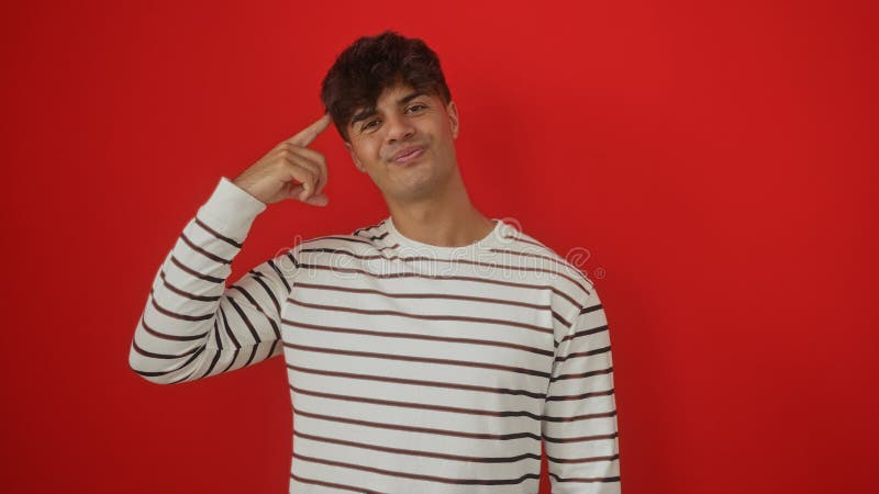 Young Hispanic Man Posing Against a Red Background in a Striped Shirt ...
