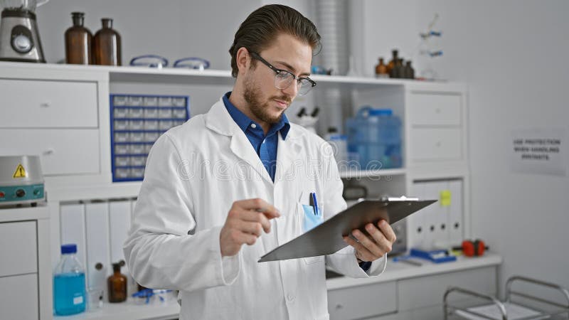 Young Hispanic Man Scientist Reading Report Standing at Laboratory ...