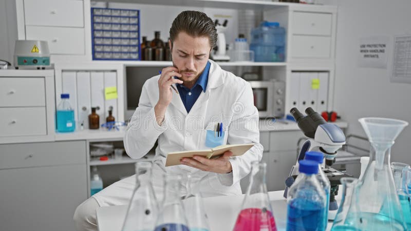 Young Hispanic Man Scientist Writing on Notebook Sitting at Laboratory ...