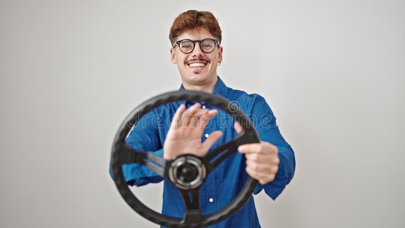 Young Hispanic Man Smiling Confident Using Steering Wheel As a Driver ...