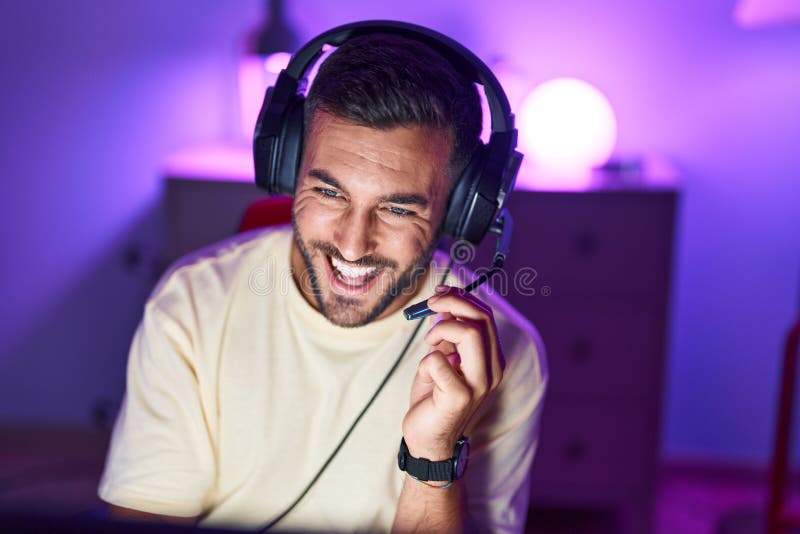 Young Hispanic Man Streamer Smiling Confident Having Video Call at ...