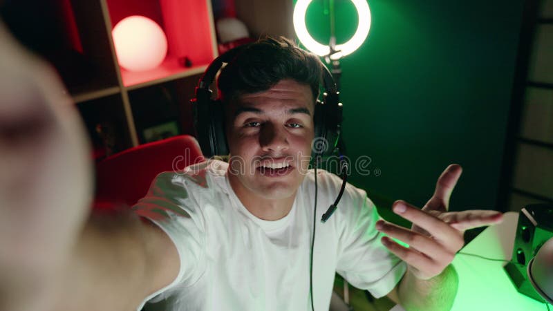 Young Hispanic Man Streamer Smiling Confident Having Video Call at ...