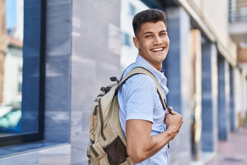 Young Hispanic Man Student Smiling Confident Standing at Street Stock ...