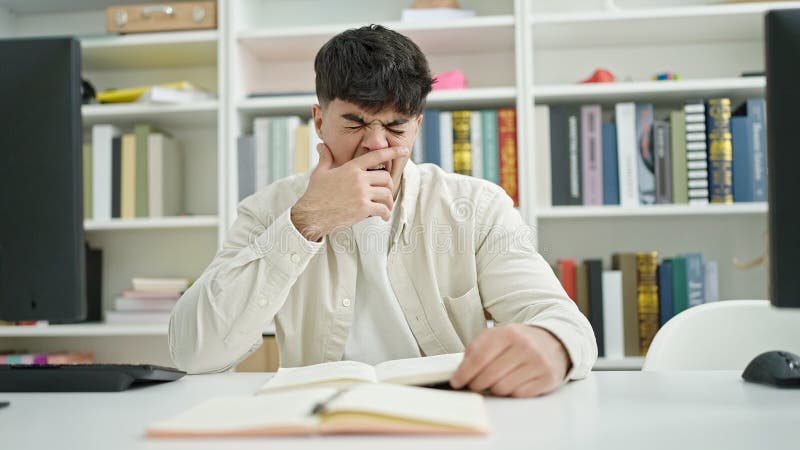 Young Hispanic Man Student Tired Reading Book Sitting on Table at ...