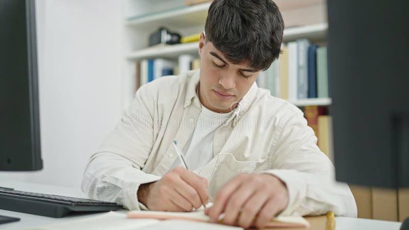 Young Hispanic Man Student Using Computer Writing Notes at Library ...