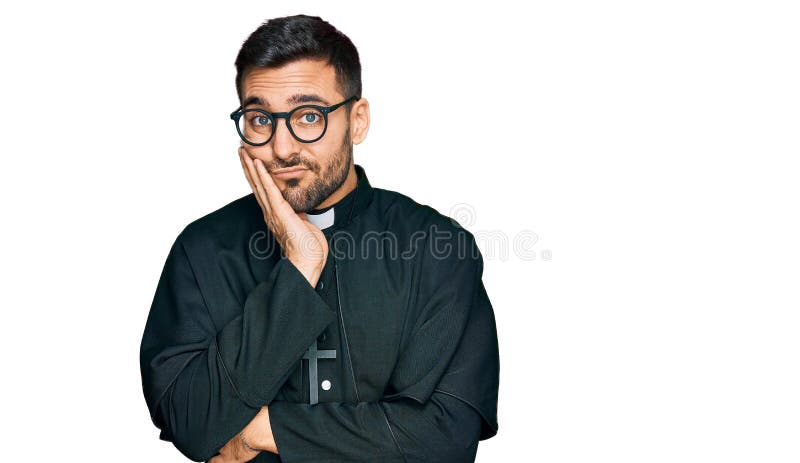 Young Hispanic Man Wearing Priest Uniform Thinking Looking Tired and ...