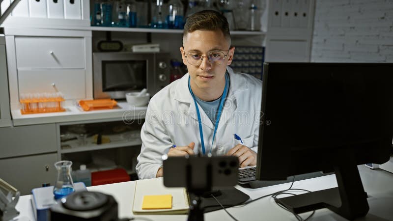 A Young Hispanic Man Working Attentively on a Computer in a Laboratory ...