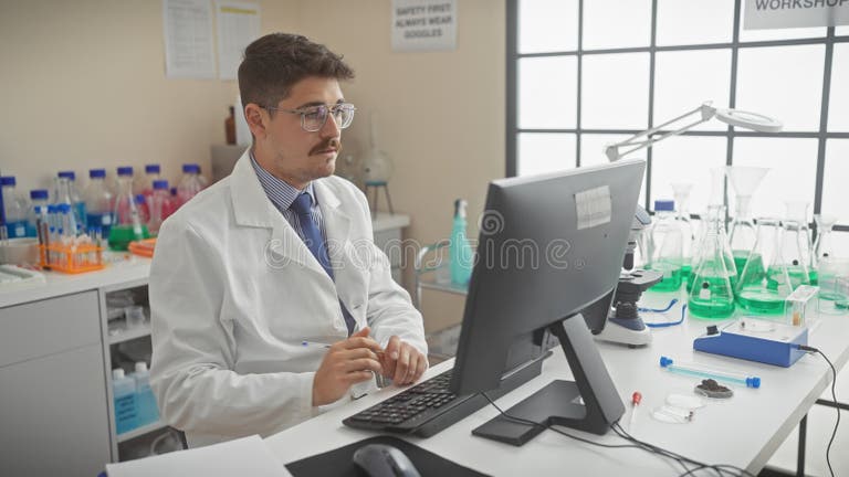 Young Hispanic Scientist in White Lab Coat Working on Computer in ...