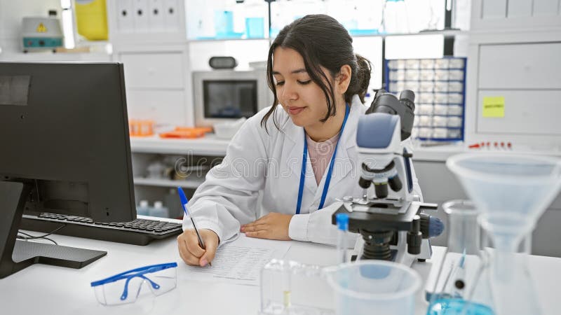 A Young Hispanic Woman Scientist Writing Notes in a Modern Laboratory ...
