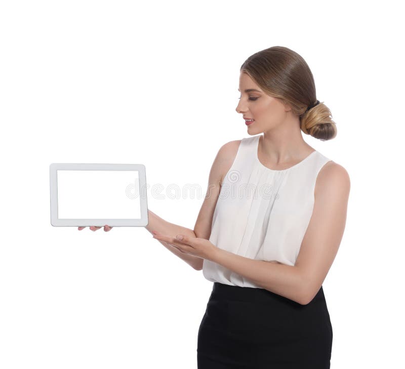 Hostess in Uniform with Tablet on White Background Stock Photo - Image ...
