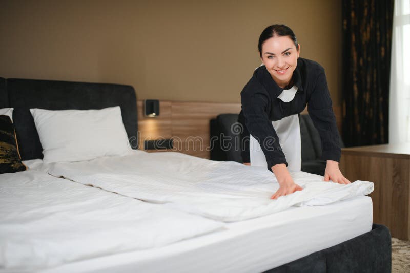 Young Hotel Maid Making the Bed Stock Photo - Image of person, white: 335015932