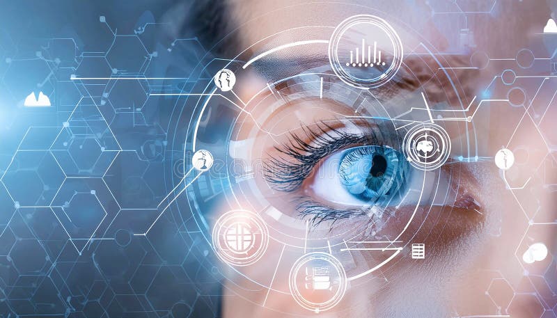 Young Human Eye and Technology Concept, Smart Contact Lens Display ...